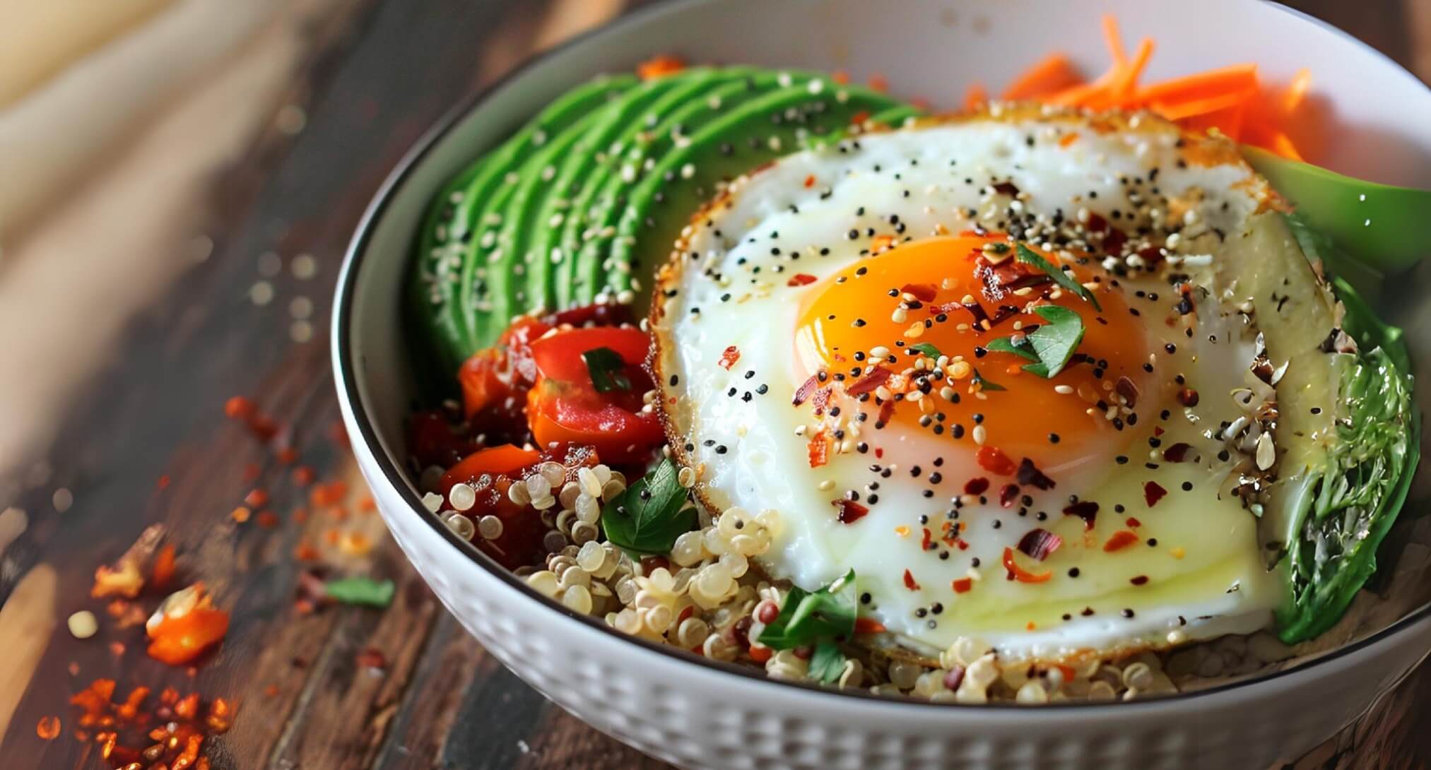 Bowl de Quinoa con Vegetales y Huevo Poché • Pim Pam Cook